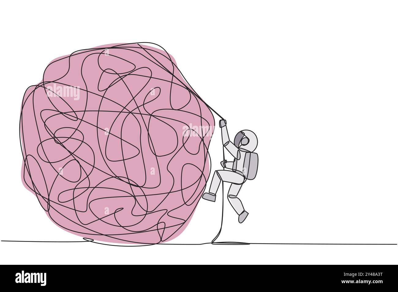 Single one line drawing young astronaut climbs heavy mess circle with ...