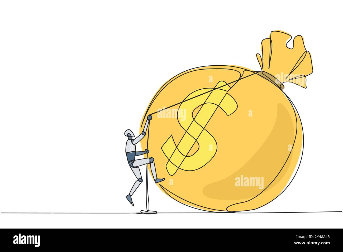 Single one line drawing smart robot climbing money bag with the rope ...