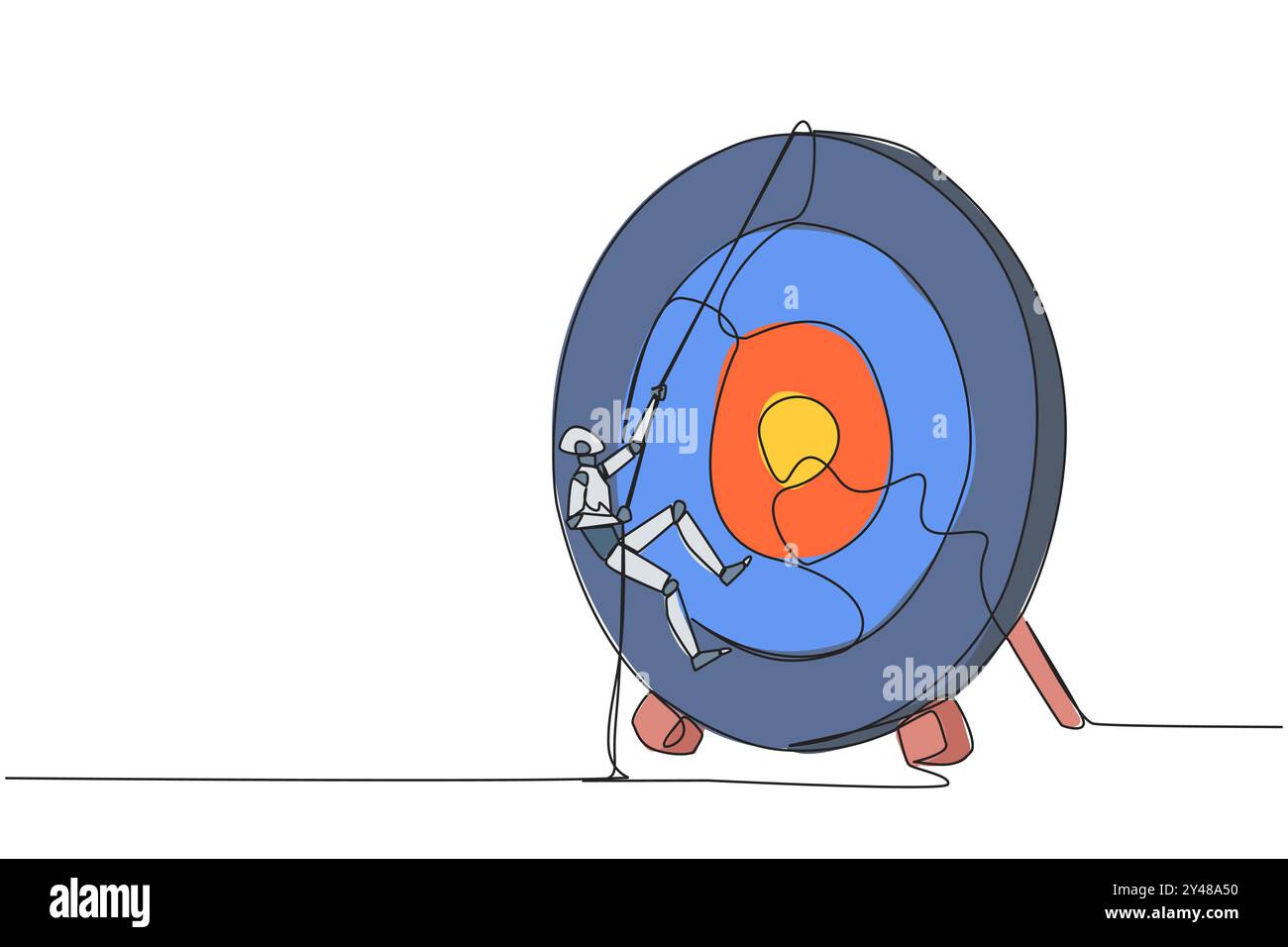 Continuous one line drawing the robot climbs arrow board target with ...