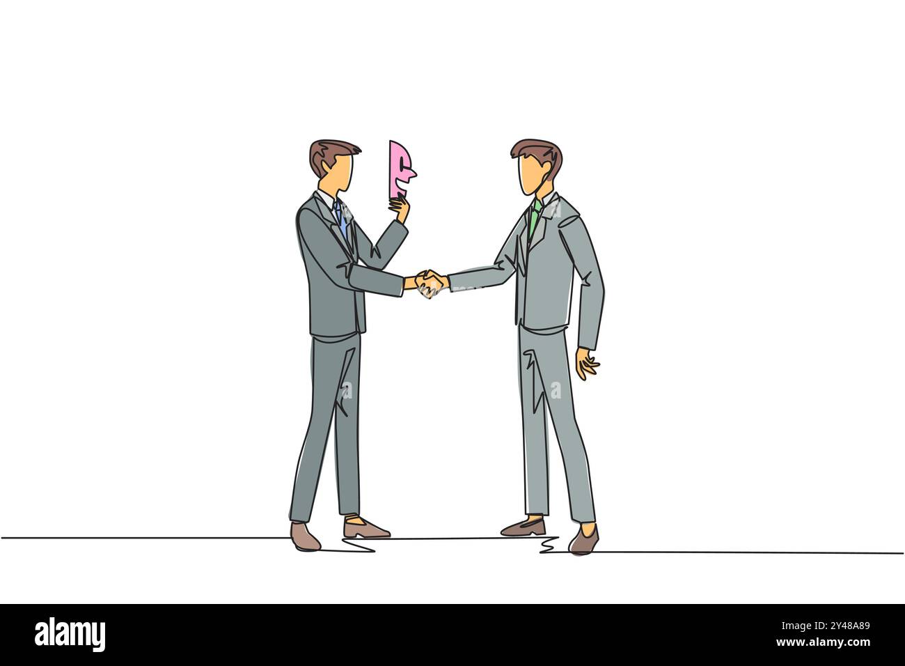 Single continuous line drawing two businessmen shaking hands. One of them has two faces. Full of ...