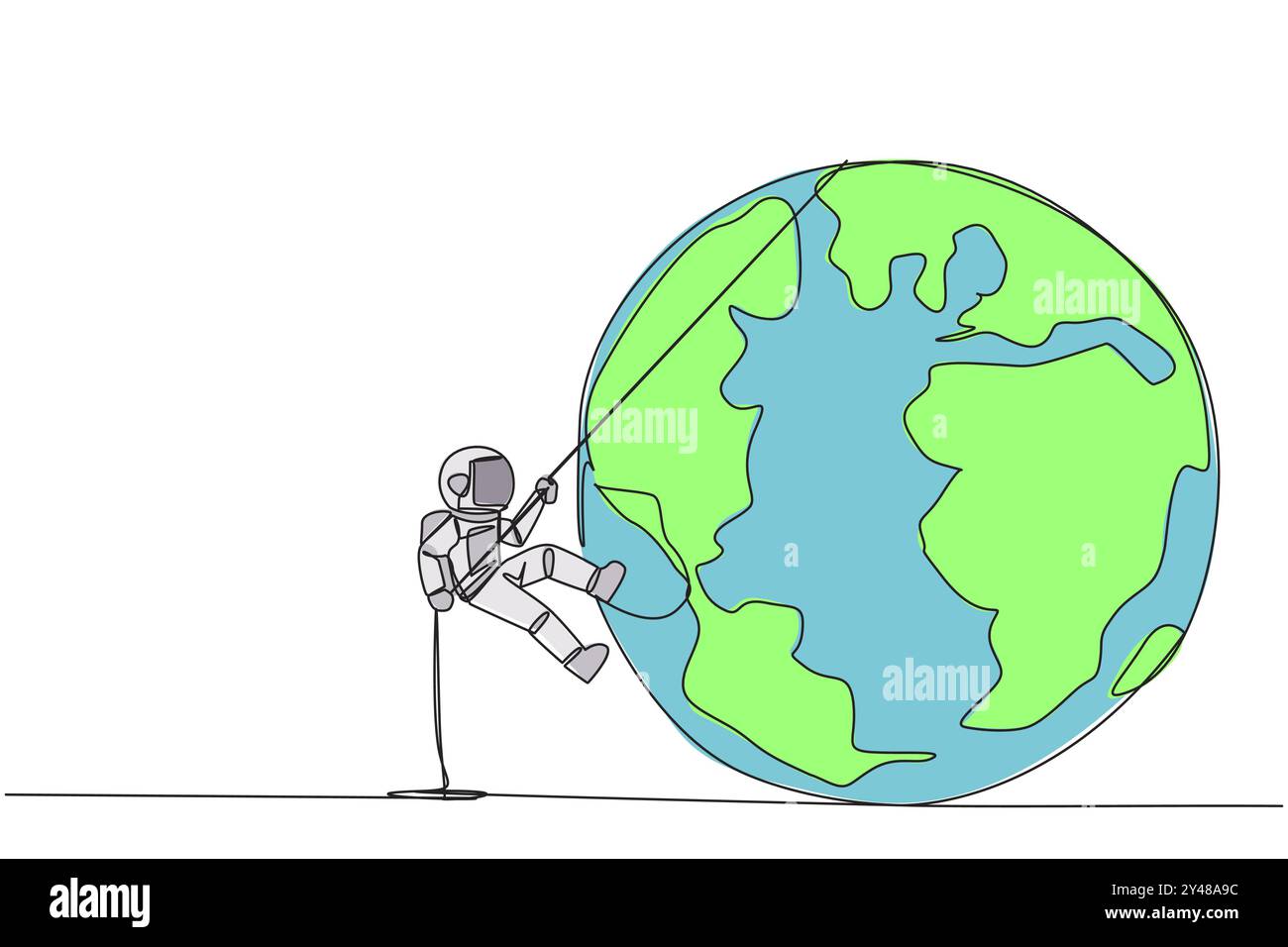 Continuous one line drawing astronaut climbing globe with rope. Trying ...
