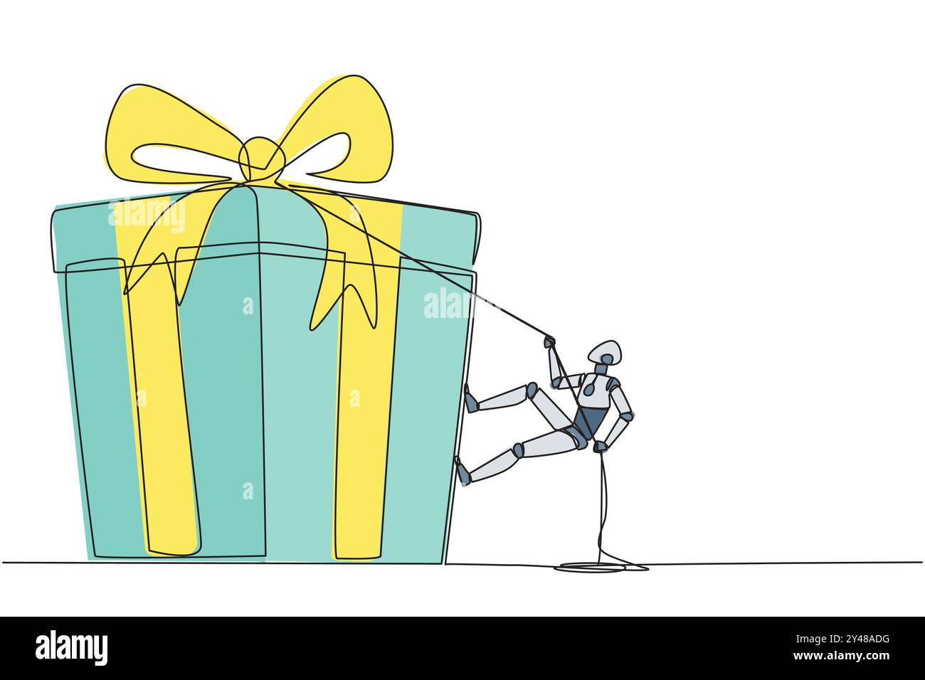 Single continuous line drawing smart robot climbing gift box with rope ...