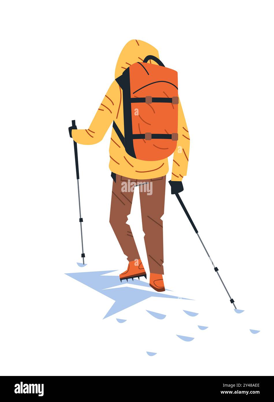 Hiker with backpack trekking on snow using poles wearing winter gear ...