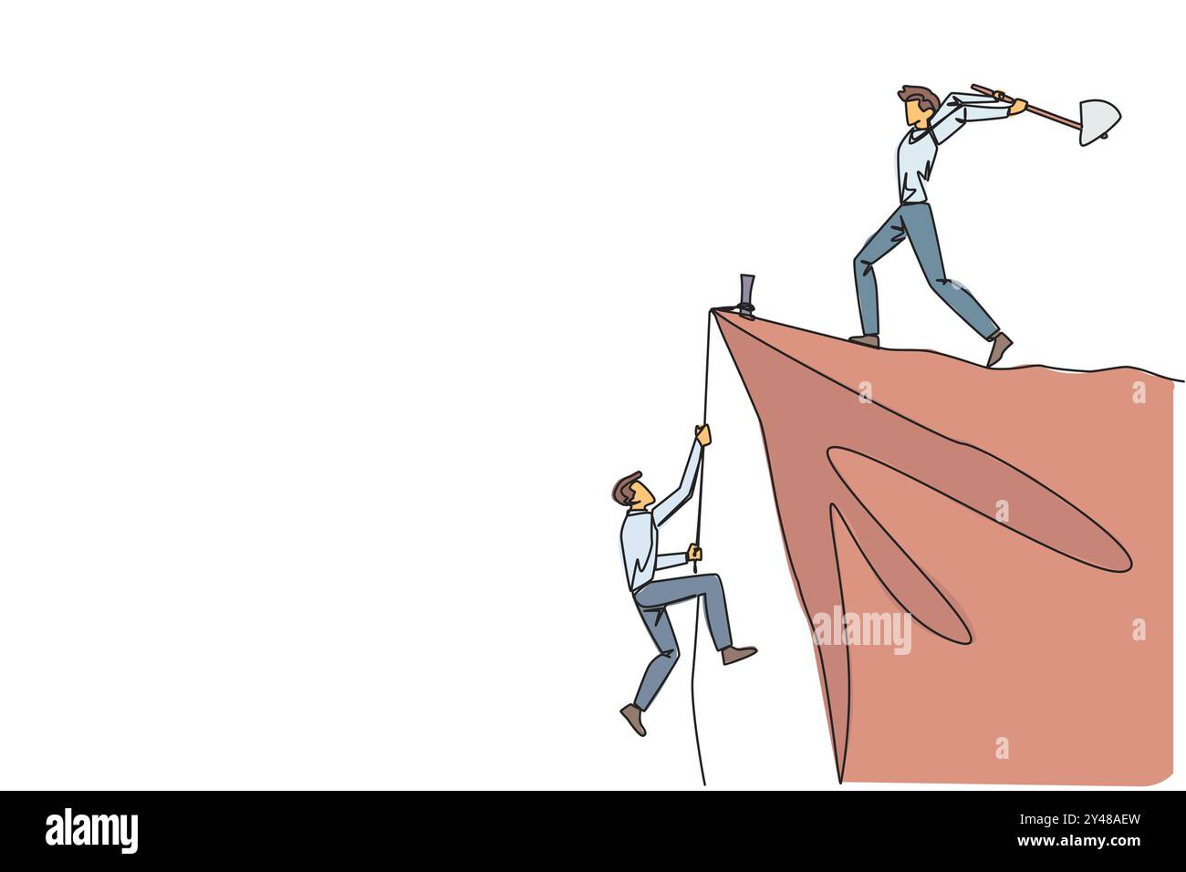 Continuous one line drawing businessman climbs cliff with rope. Almost ...