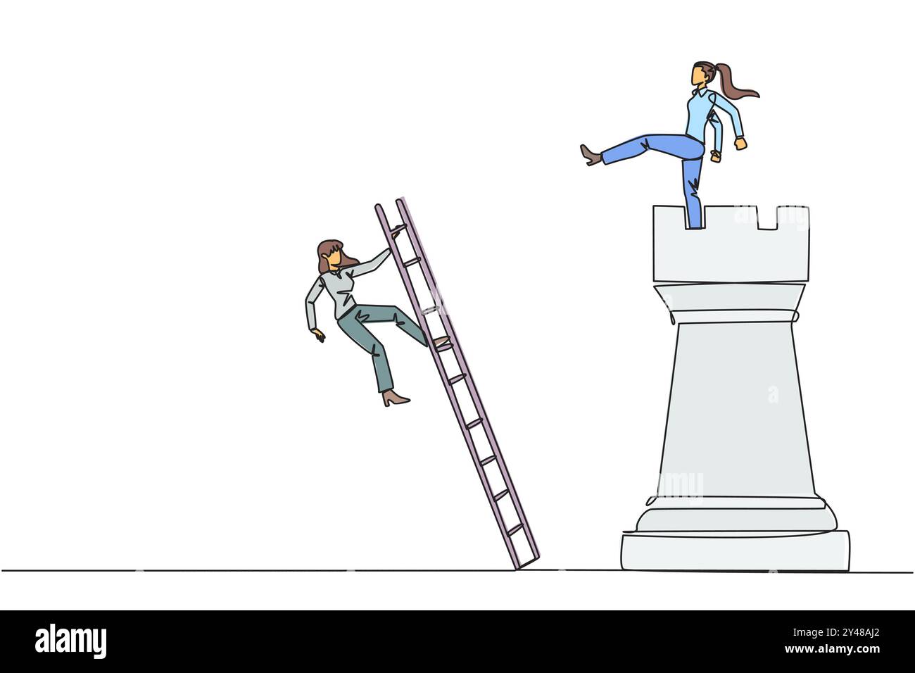 Single one line drawing businesswoman kicks opponent who climbing the ...