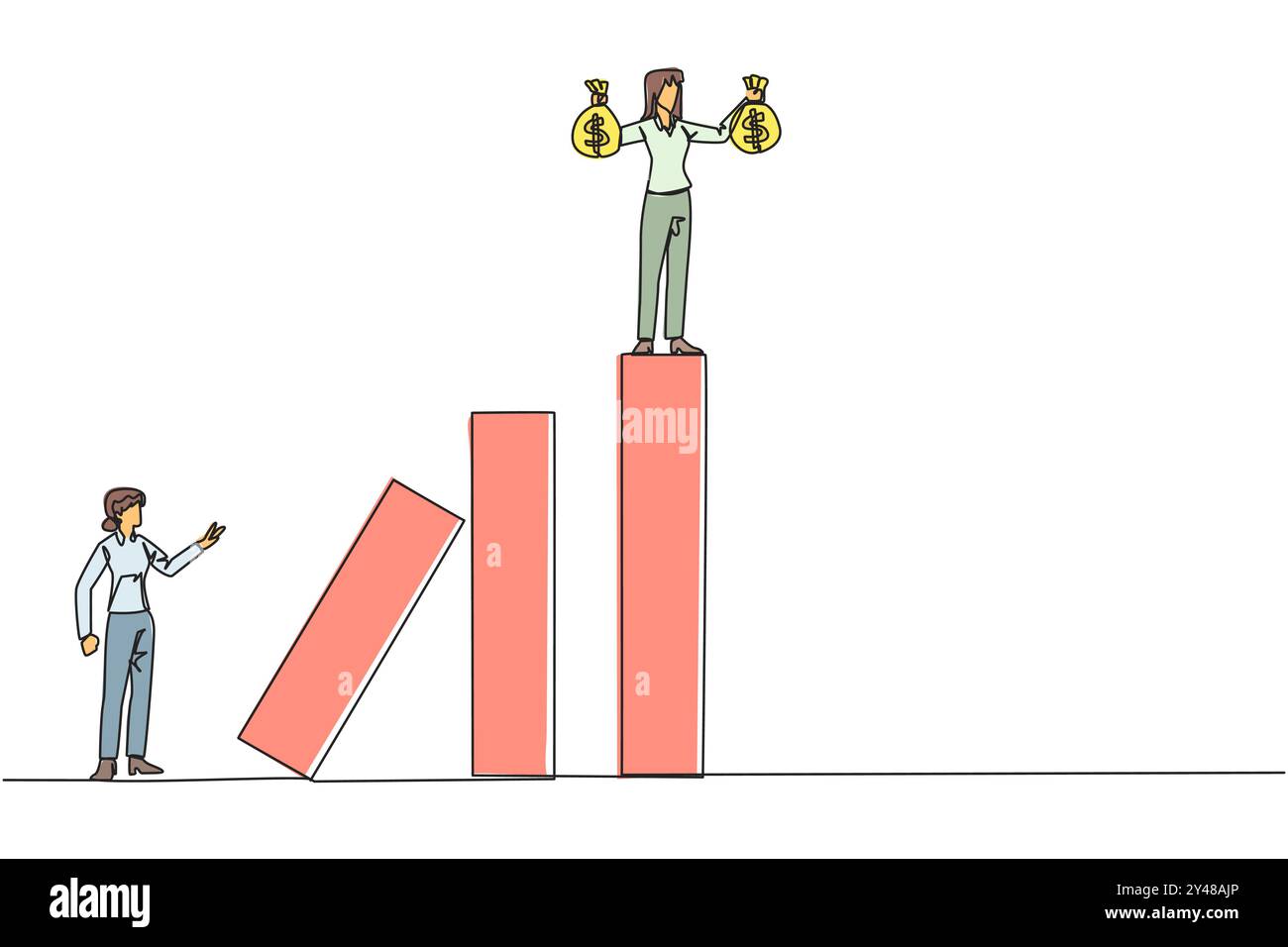 Single continuous line drawing businesswoman standing on the bar ...