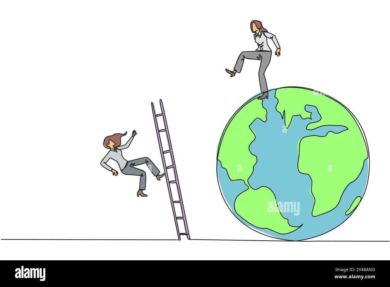 Single continuous line drawing businesswoman kicks opponent who is ...