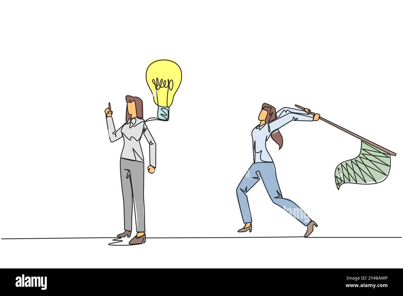 Continuous one line drawing businesswoman who comes up with an idea ...