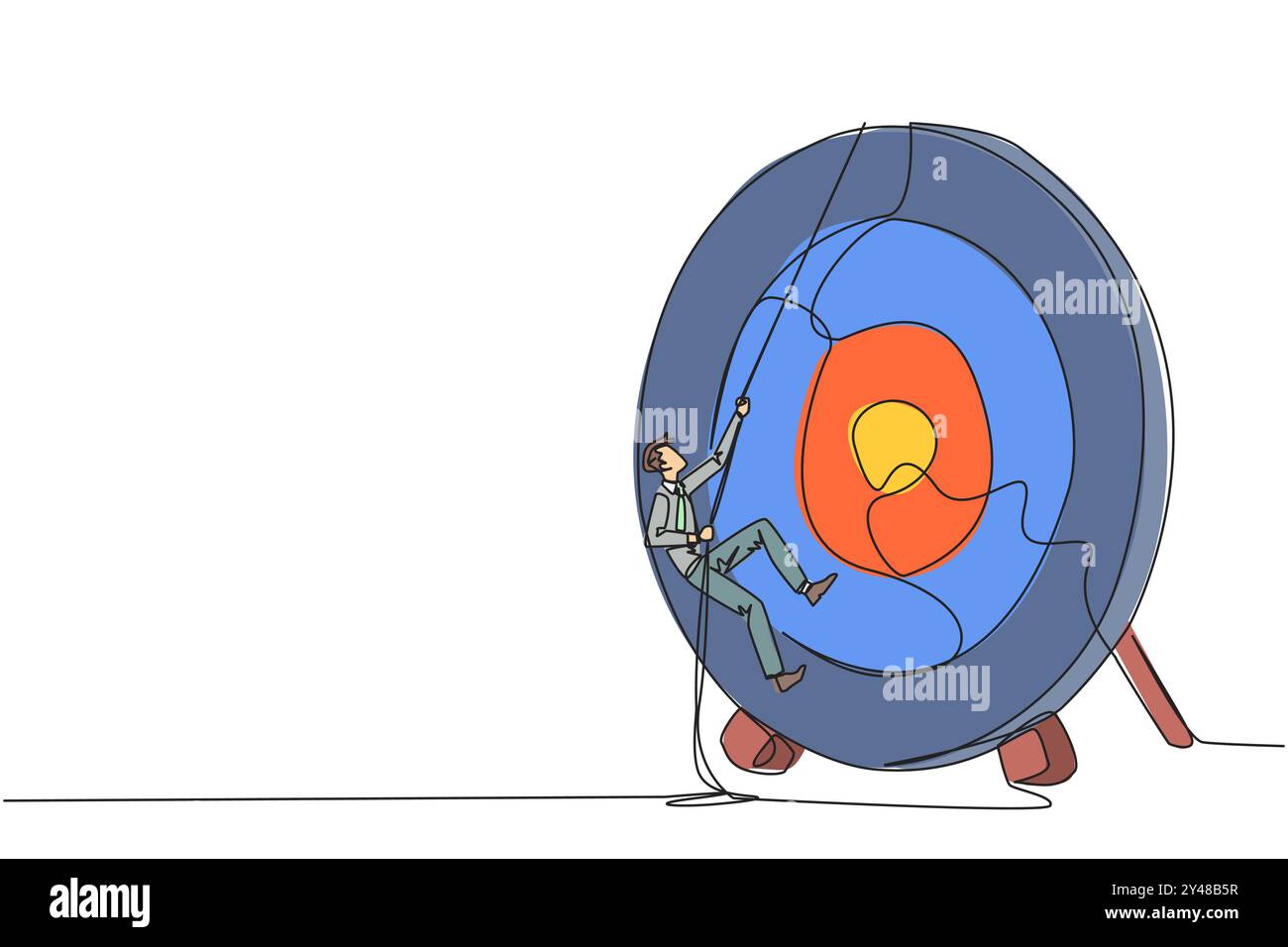 Single one line drawing businessman climbs arrow board target with rope ...