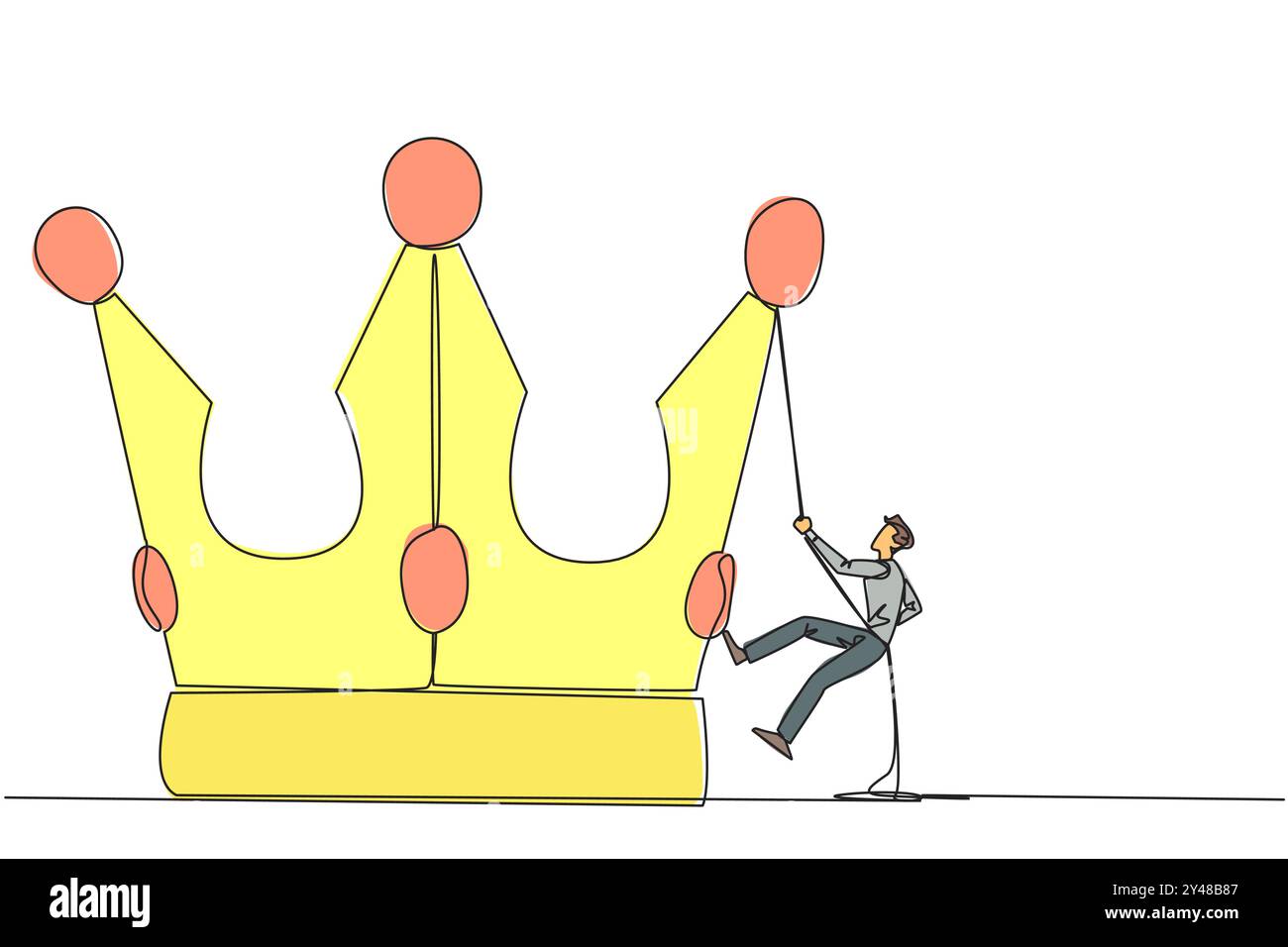 Single continuous line drawing businessman climbing crown with rope ...