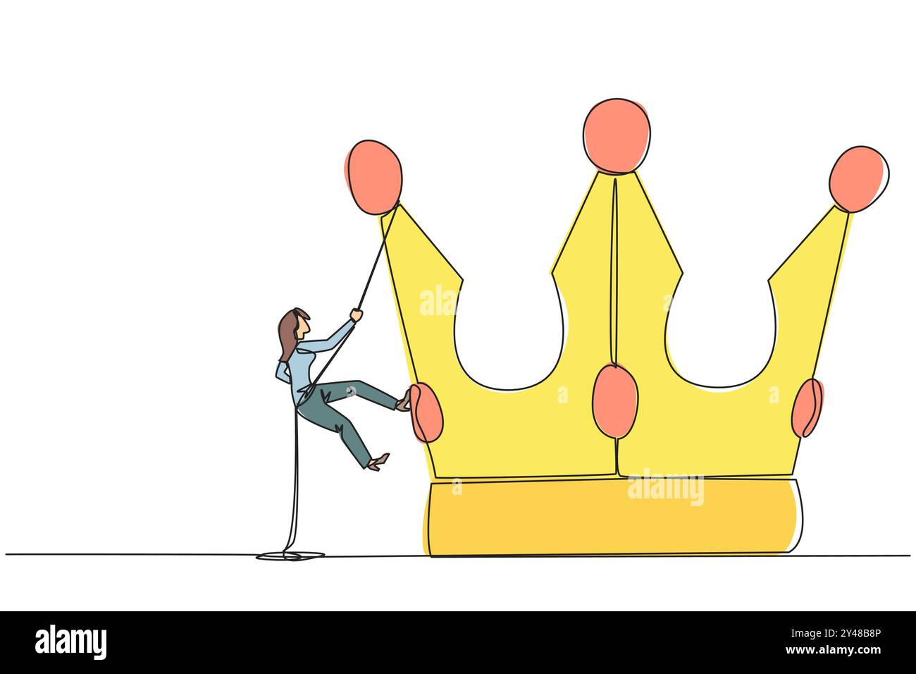 Single continuous line drawing businesswoman climbing crown with rope ...