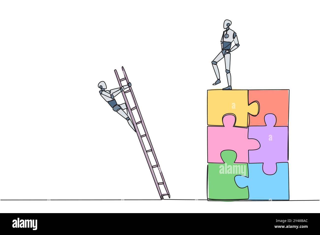 Single one line drawing smart robot kicks opponent who climbing the ...