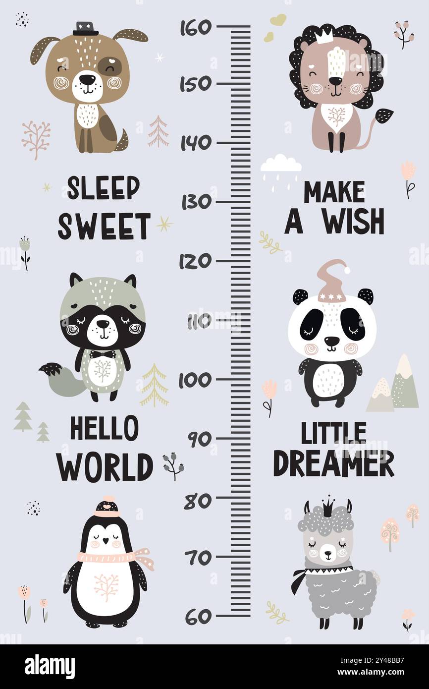Kids height chart. Cute and funny doodle animals. Growth chart in ...