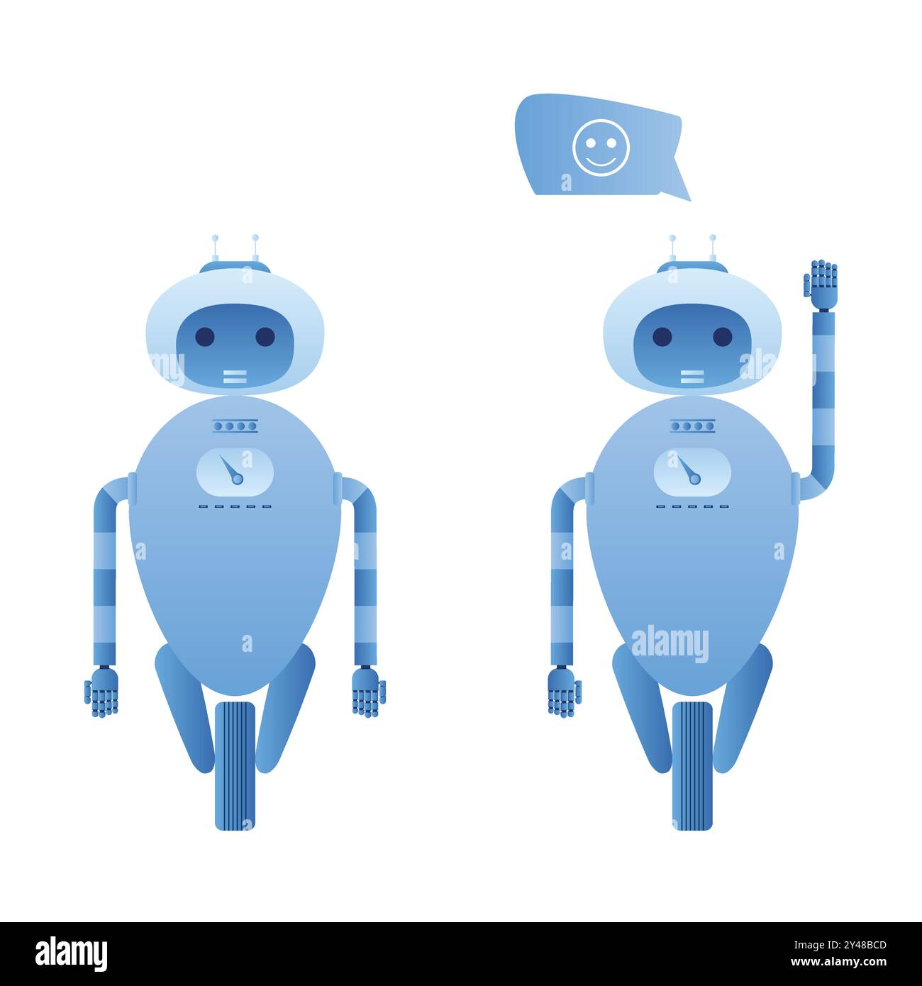 Robot or chatbot in trendy blue color style. Two androids with ...