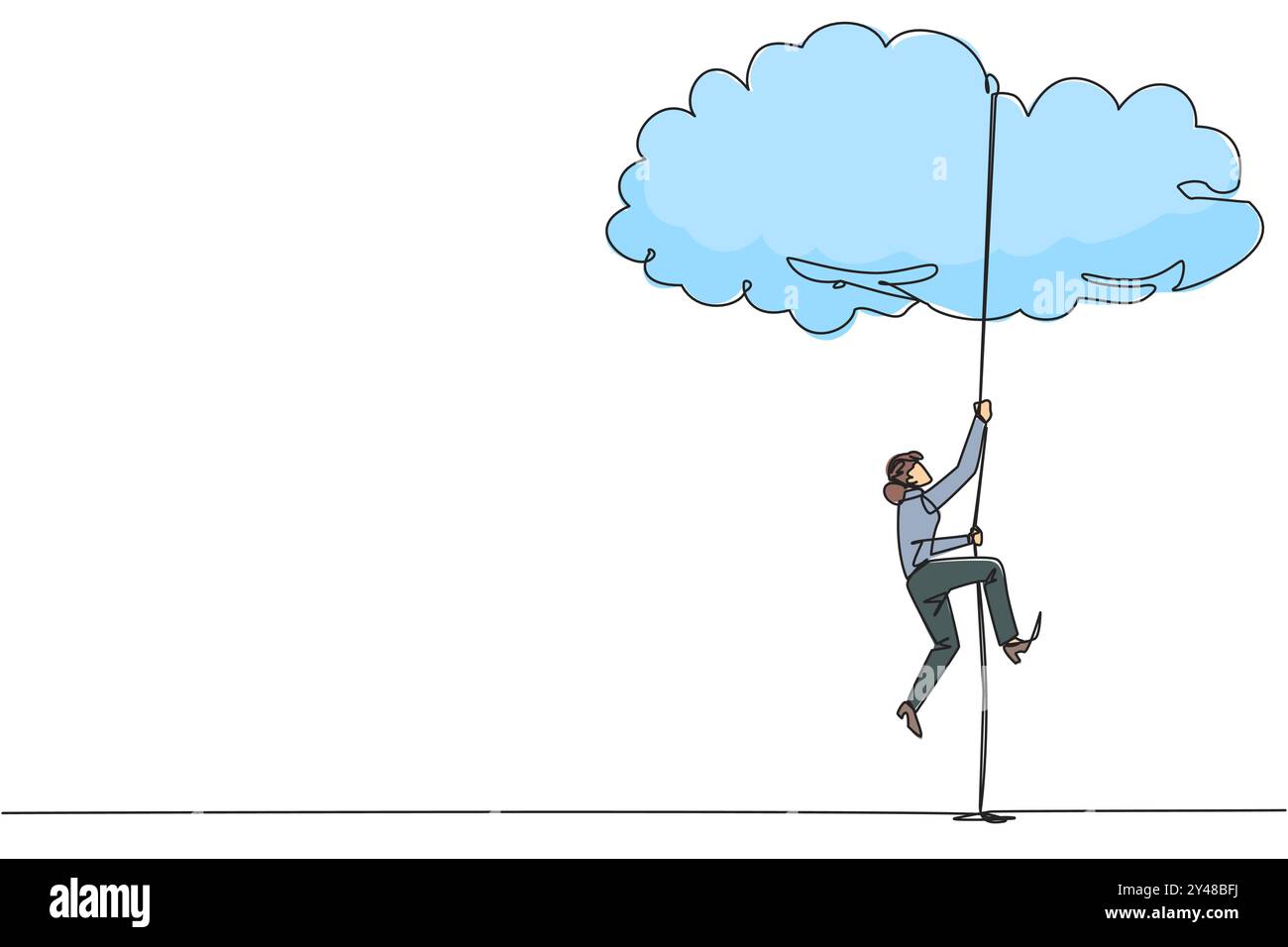 Continuous one line drawing businesswoman climbing clouds with rope. A ...