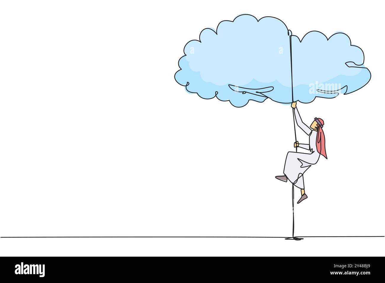 Continuous one line drawing Arab businessman climbing clouds with rope ...