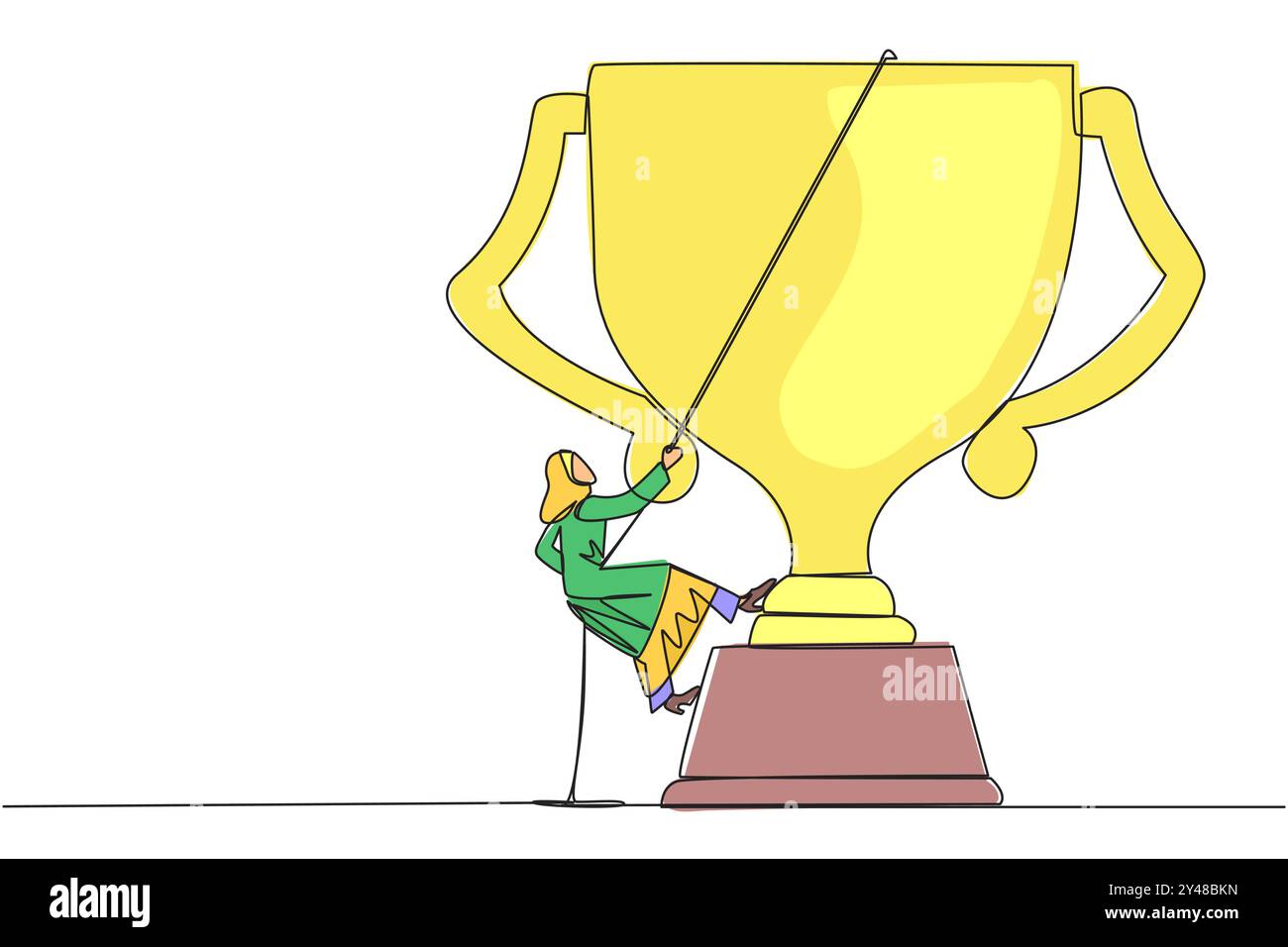 Continuous one line drawing Arabian businessman climbs trophy with rope ...