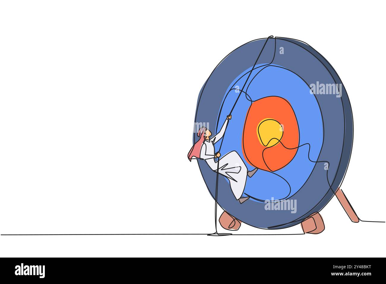 Single one line drawing Arab businessman climbs arrow board target with ...