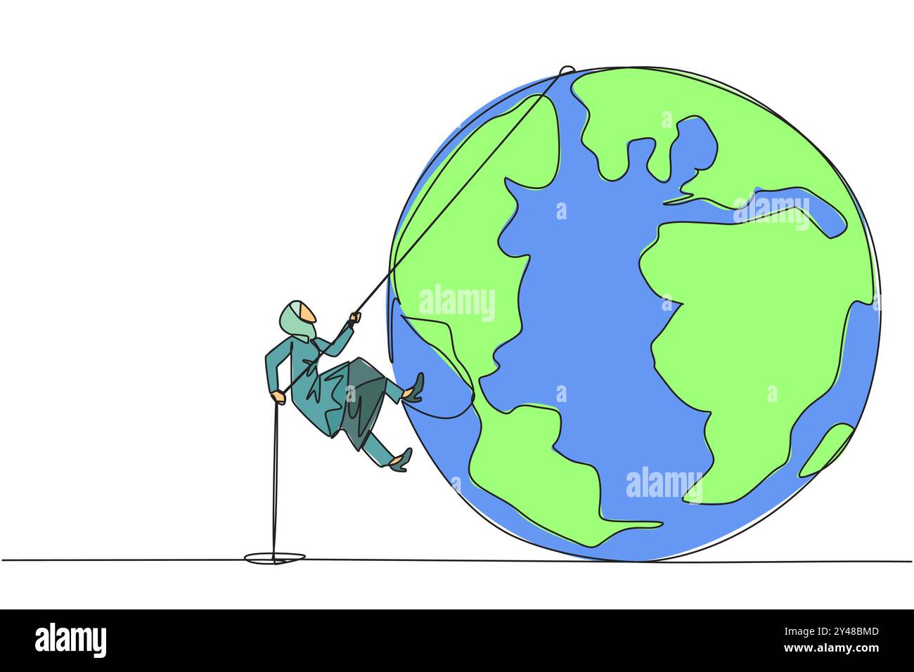 Single continuous line drawing Arabian businesswoman climbs globe with ...