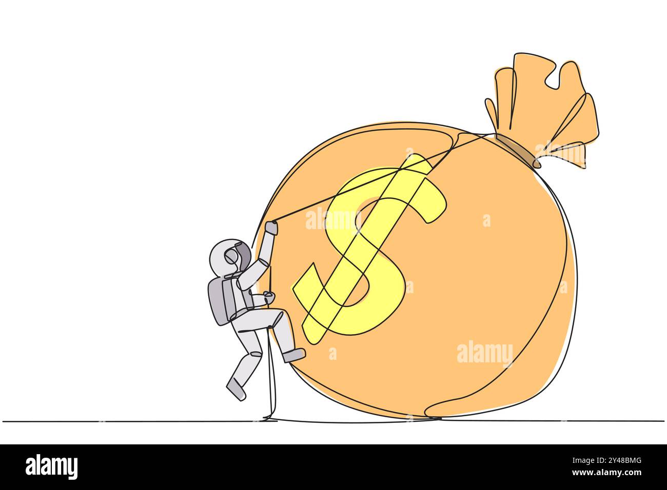 Continuous one line drawing astronaut climbing money bag with rope ...