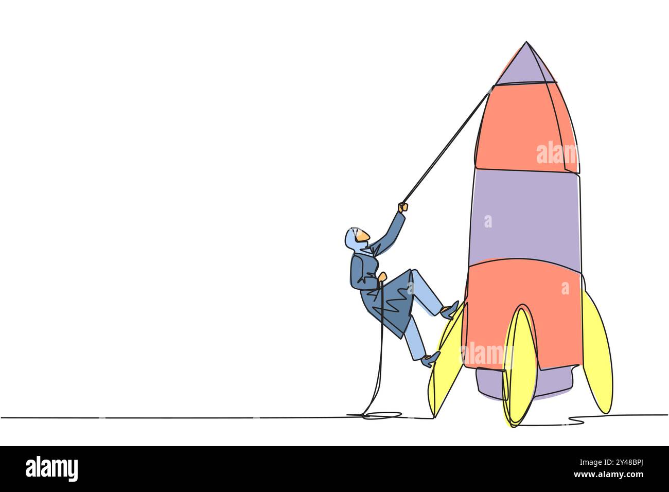 Single continuous line drawing Arab businesswoman climbs rocket with ...