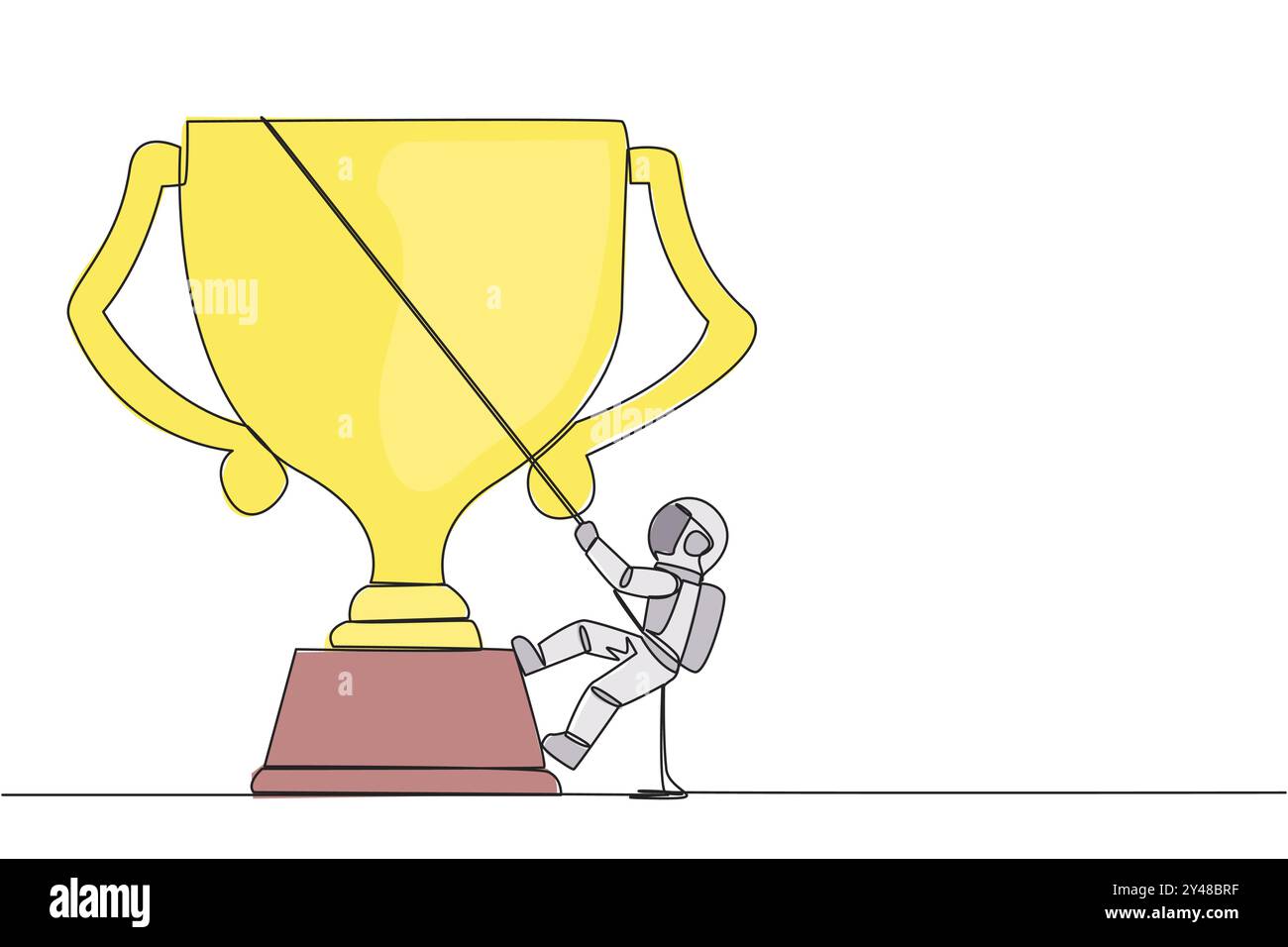 Single continuous line drawing young astronaut climbing the trophy with ...