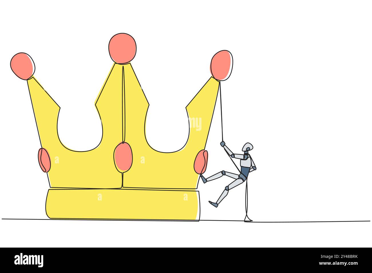 Continuous one line drawing the robot climbing crown with rope. Prepare ...