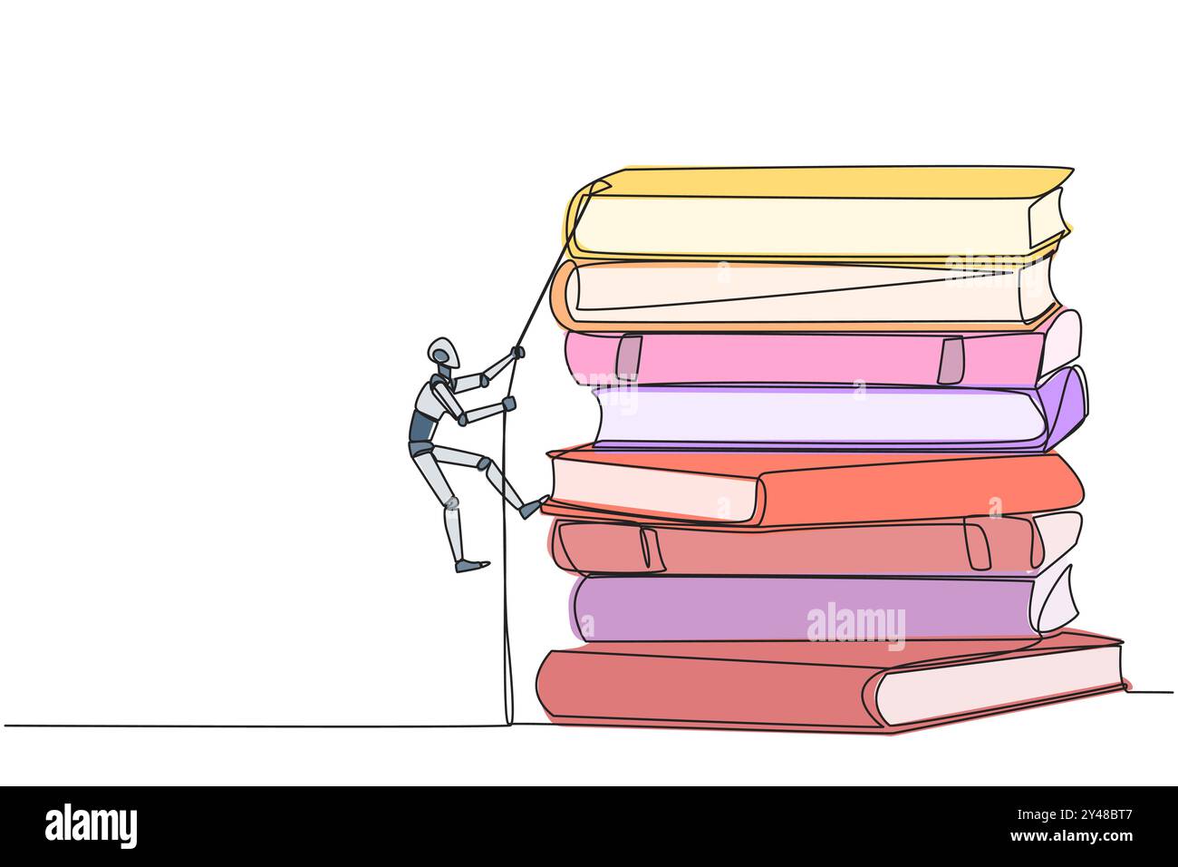 Single continuous line drawing smart robot climbing a pile of books ...