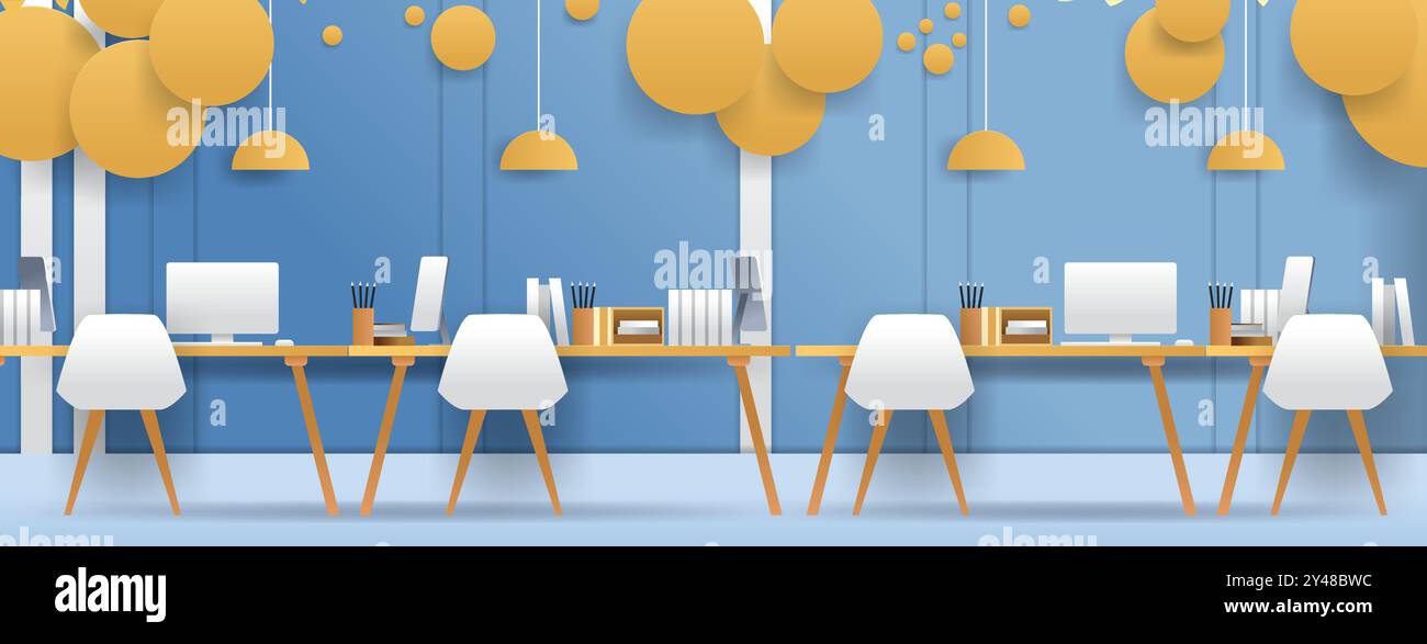 Modern office workspace with desks computers chairs blue walls yellow ...