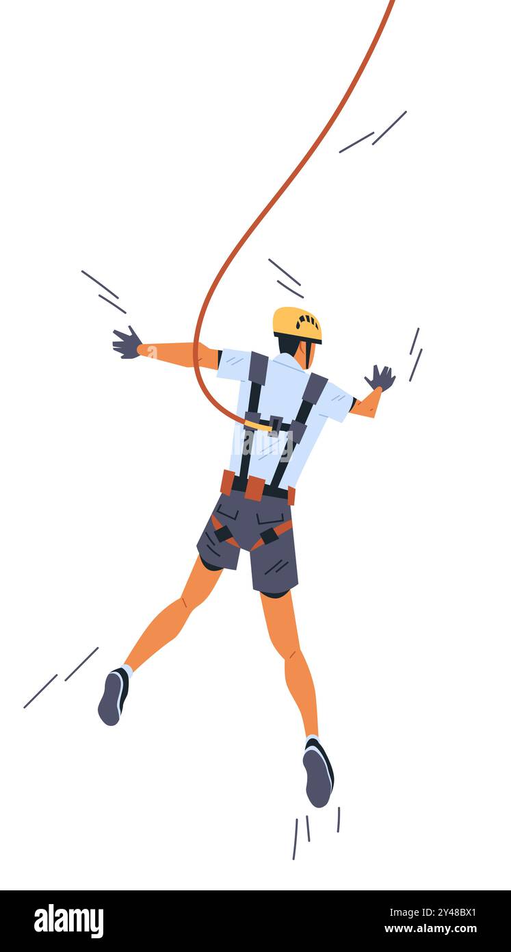 Person bungee jumping wearing safety harness helmet and gloves ...