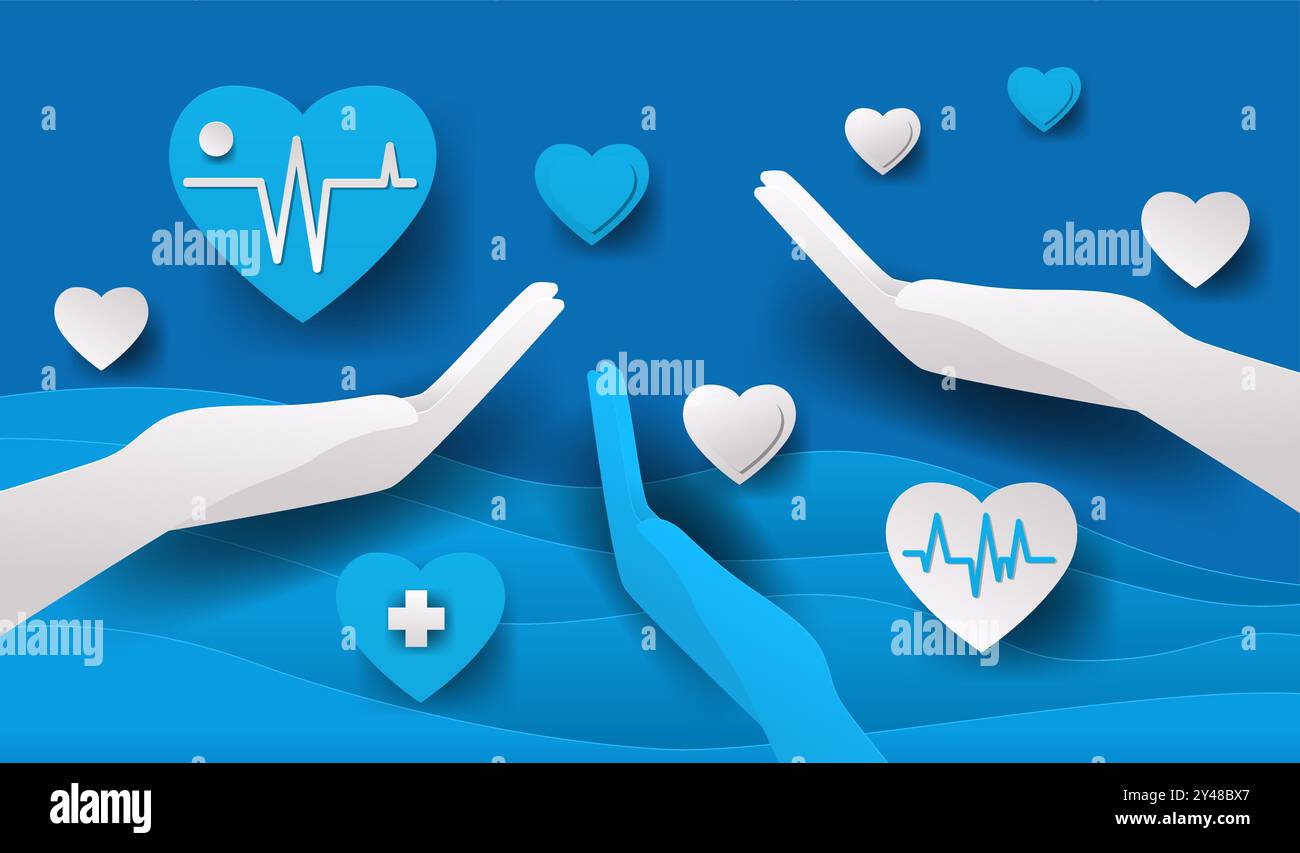 Healthcare hands holding hearts medical theme. Blue background with ...