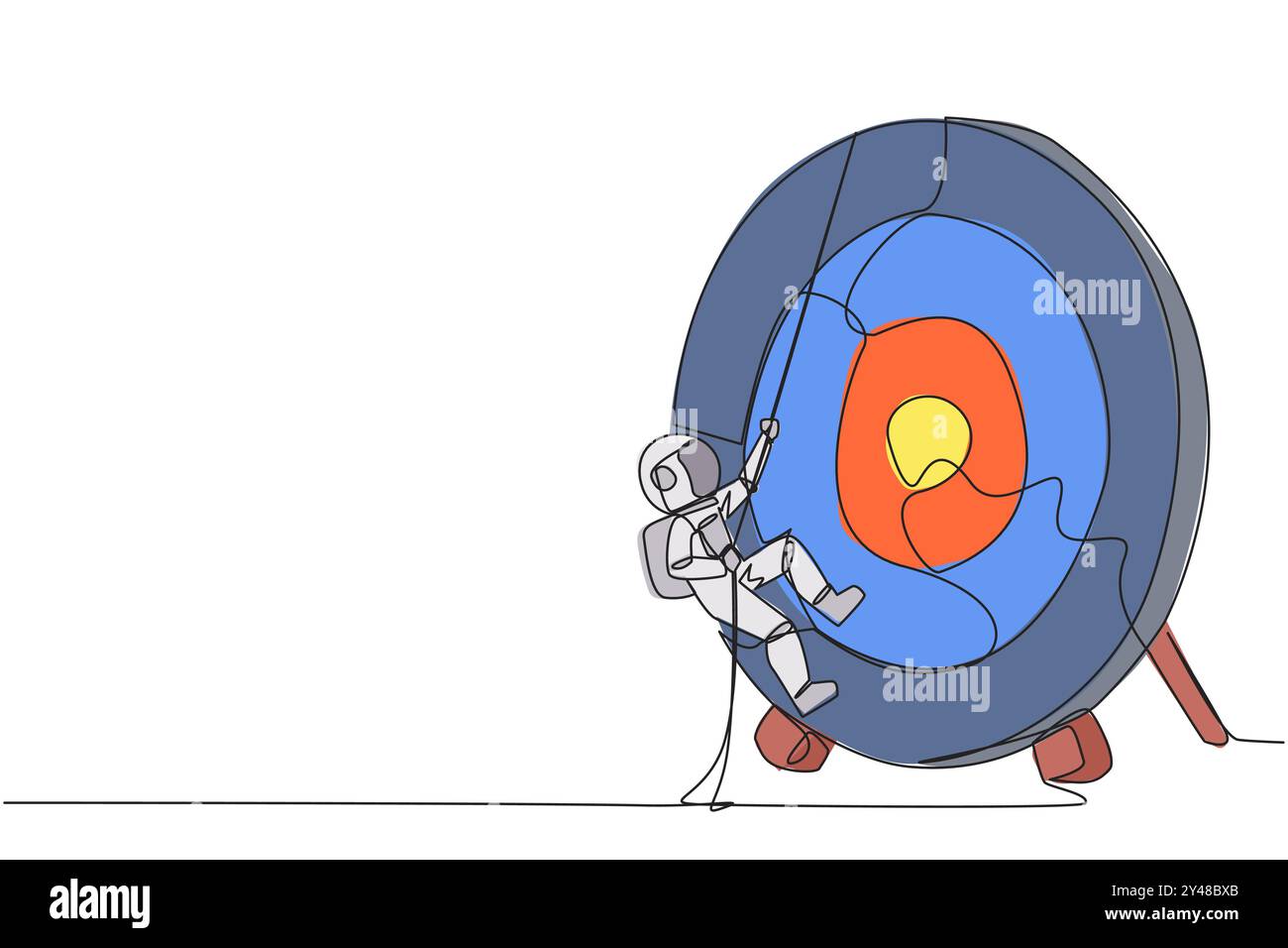 Single continuous line drawing astronaut climbs arrow board target with ...
