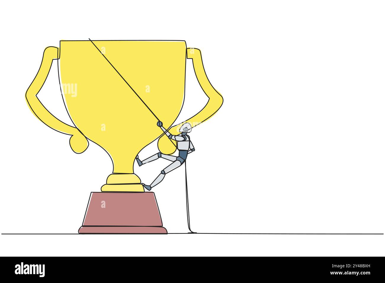 Single one line drawing smart robot climbing the trophy with the rope ...