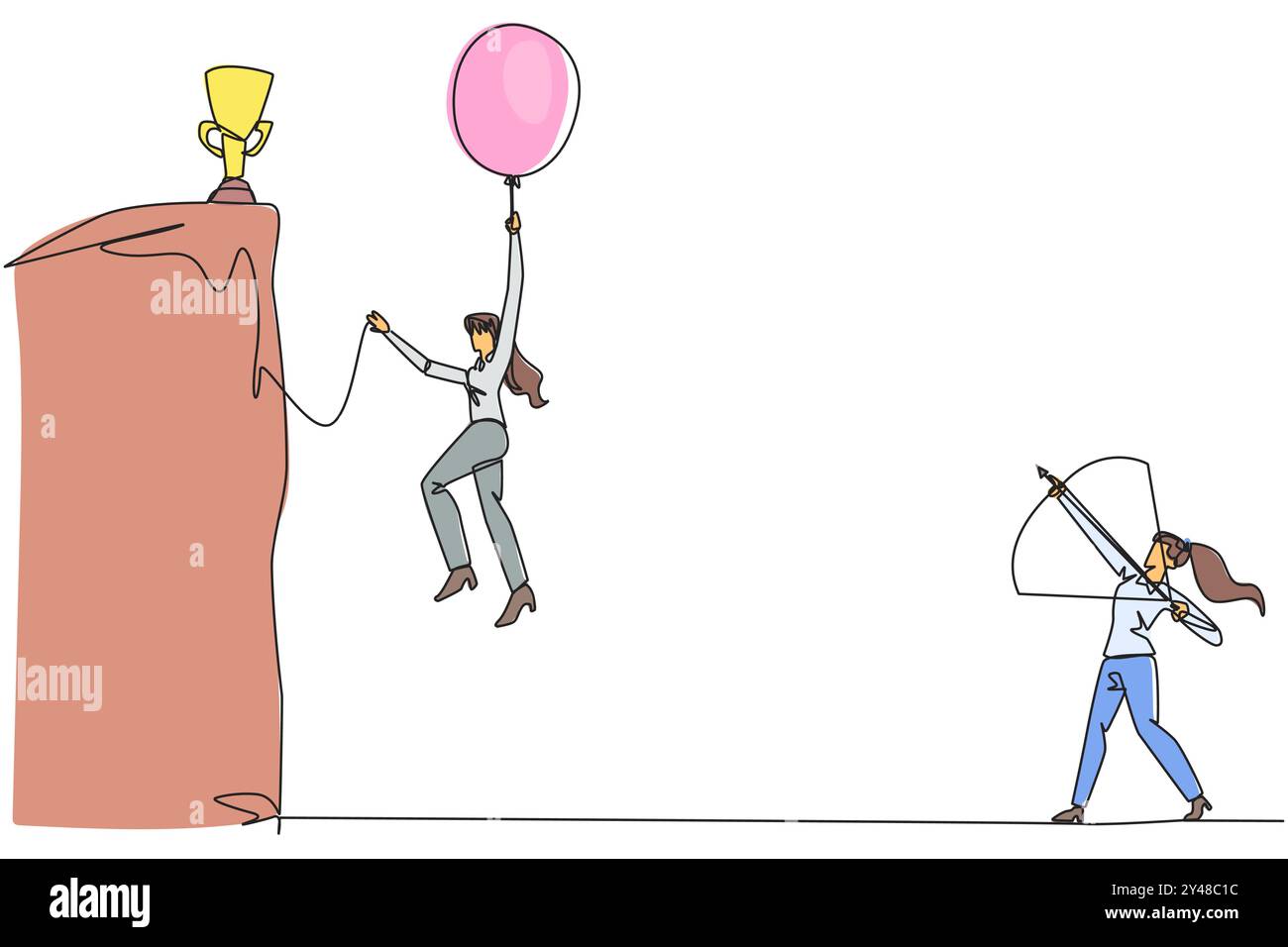 Continuous one line drawing businesswoman wants to achieve prizes at ...