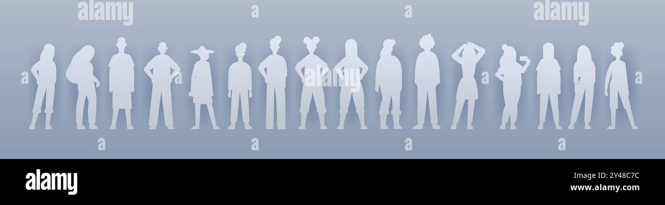 Silhouette figures of diverse people standing in a row various poses minimalist design grey ...