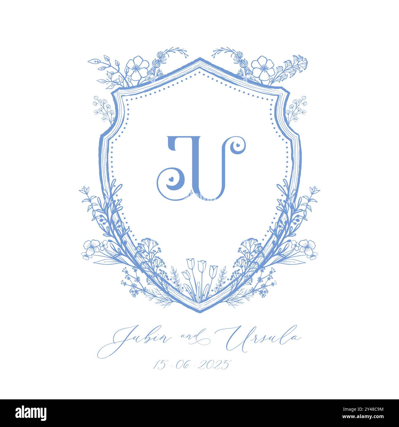 Elegant wedding floral crest with J and U initial monogram logo. Vector ...