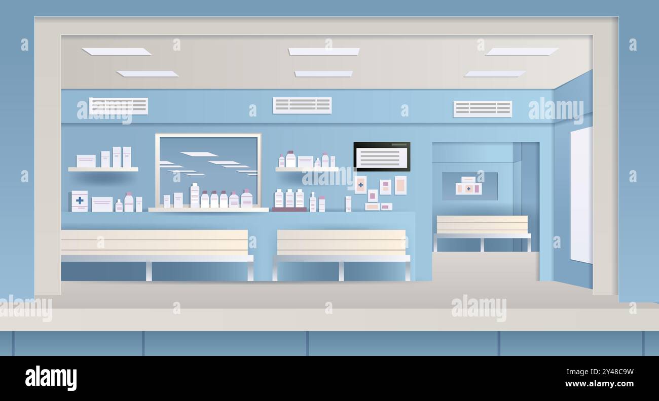Pharmacy interior modern medicine shelves bottles waiting area benches ...