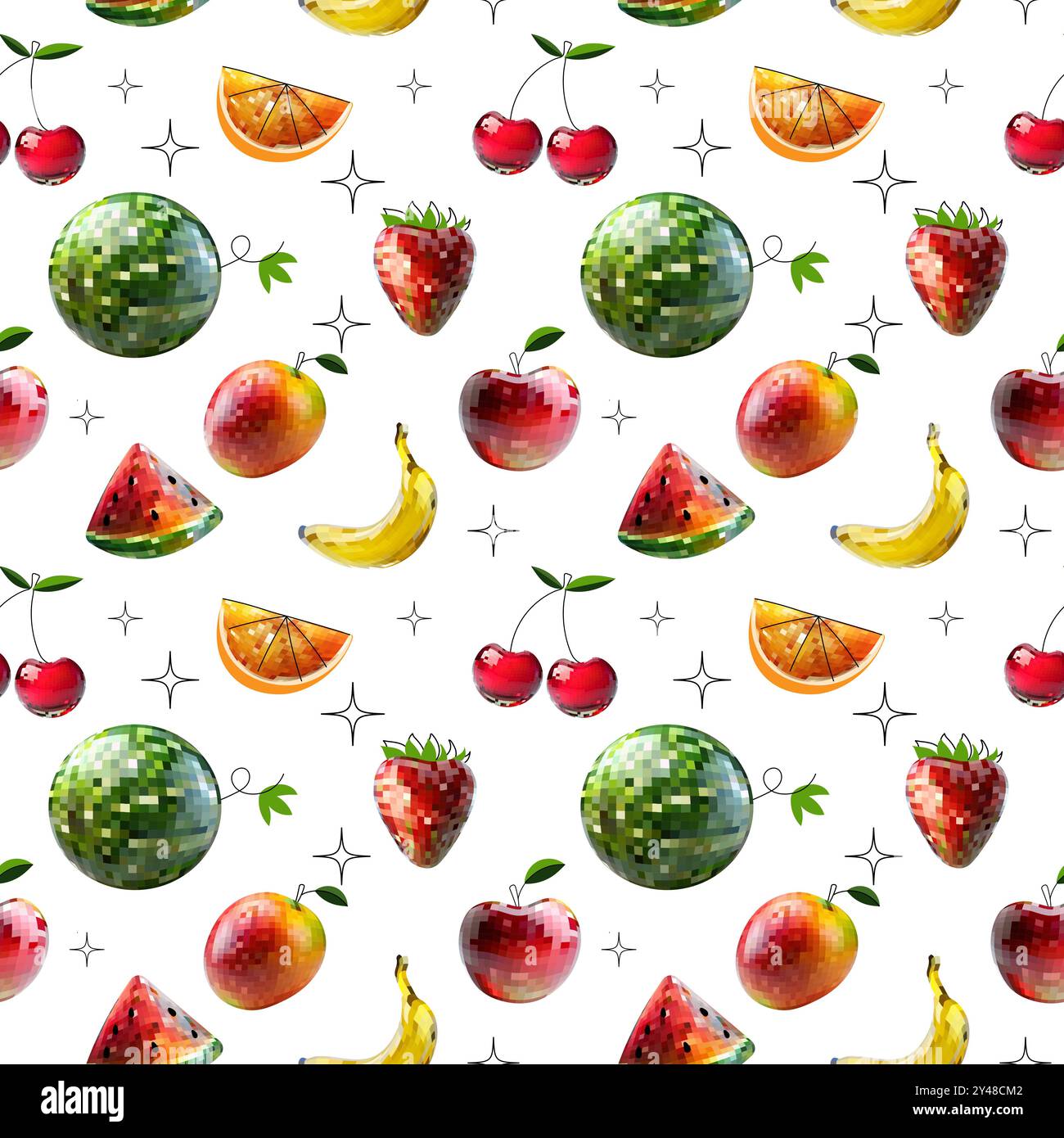 Seamless disco mirror ball pattern cherry, watermelon, banana. Mosaic ...