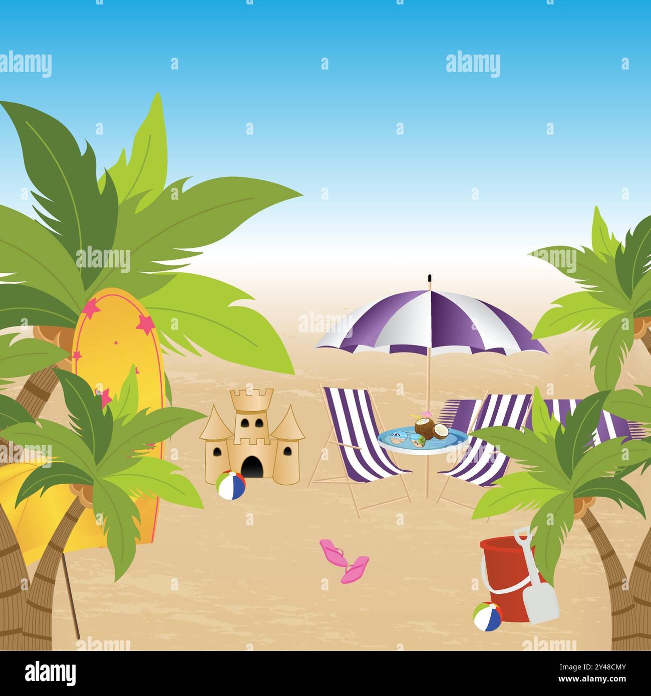Sunset Beach Vector Design Beach Umbrella Ball Bucket Palm Tree