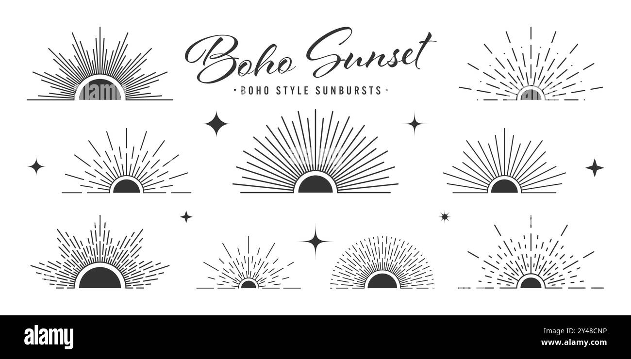 Vintage sunburst, sunset beams, half circle sunrise. Boho style, modern ...