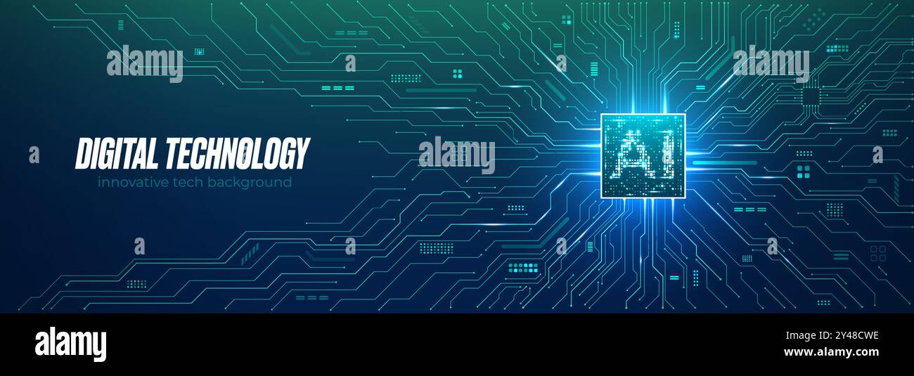 Digital technology background. Blue green tech bg with AI chip Stock ...