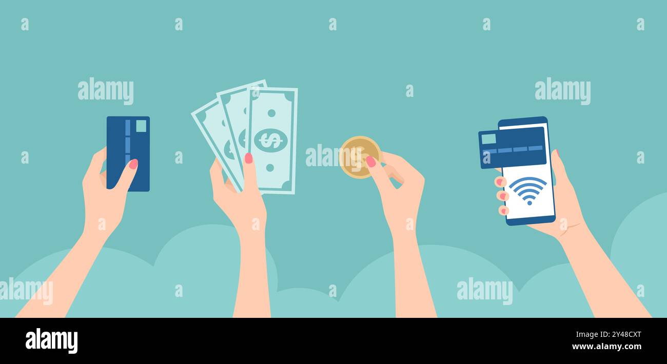 Female hands holding card, banknotes, coin and smartphone with ...