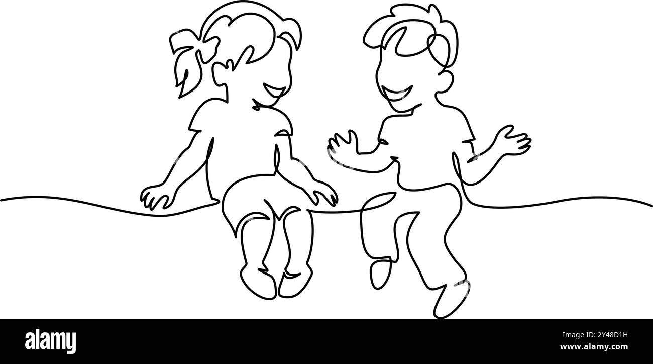 Two small children toddlers talking. Continuous one line drawing Stock ...