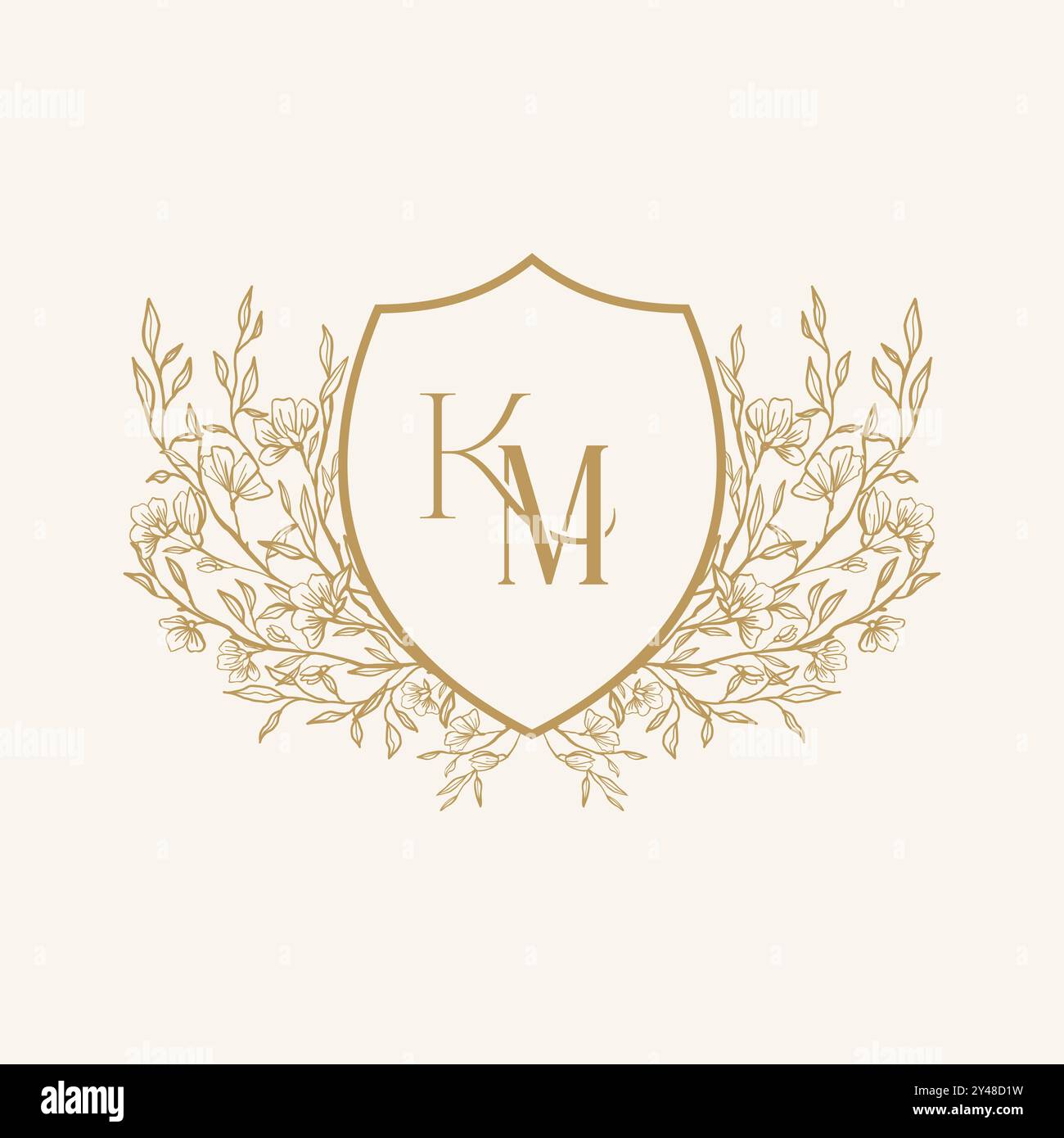 Elegant classical wedding floral crest with KM initial letter. Can be ...