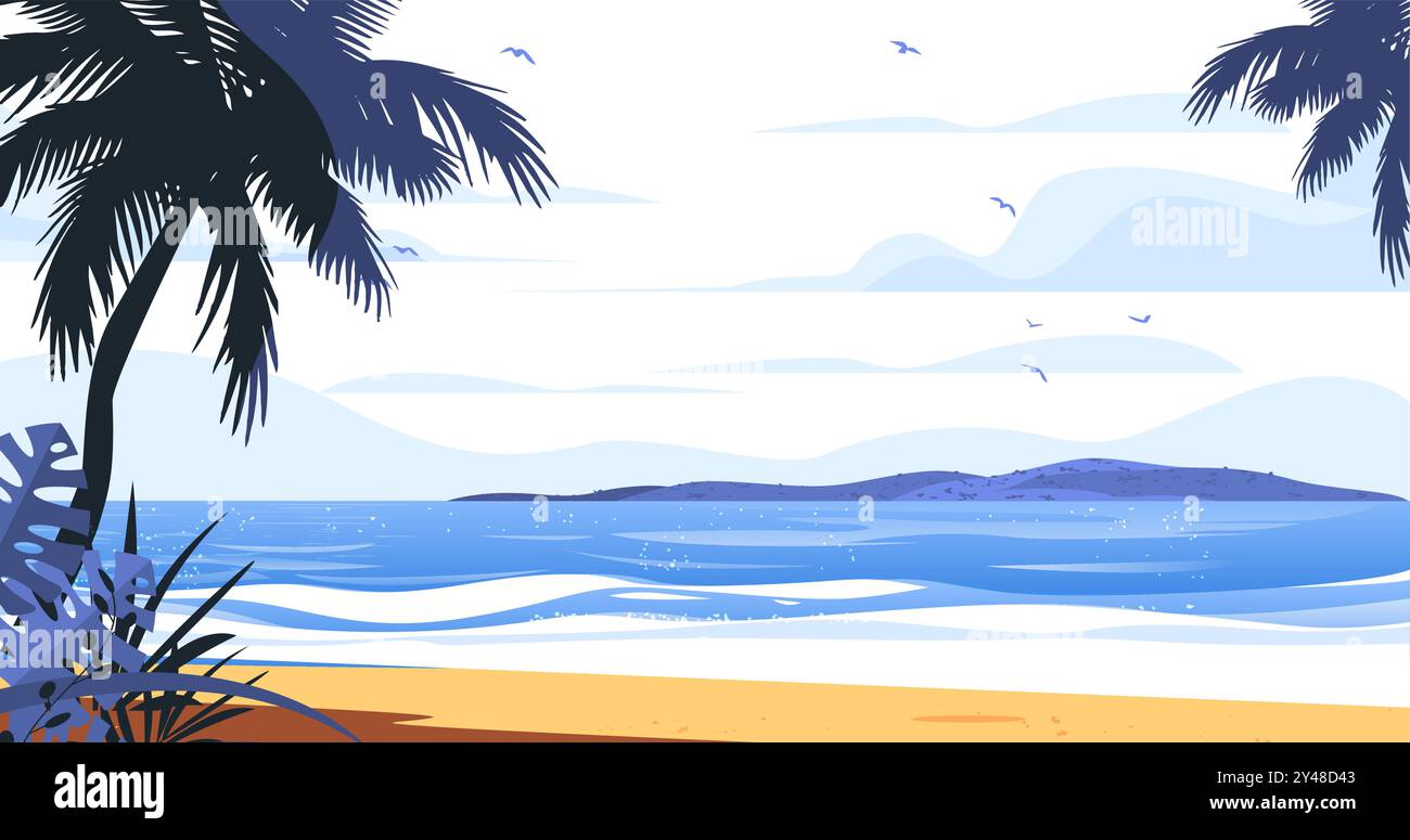 Beach landscape with palm trees tropical island ocean waves and birds ...