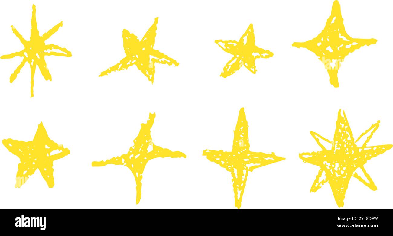 Set of gold chalk drawing stars. Shine or sparkle doodle collection ...