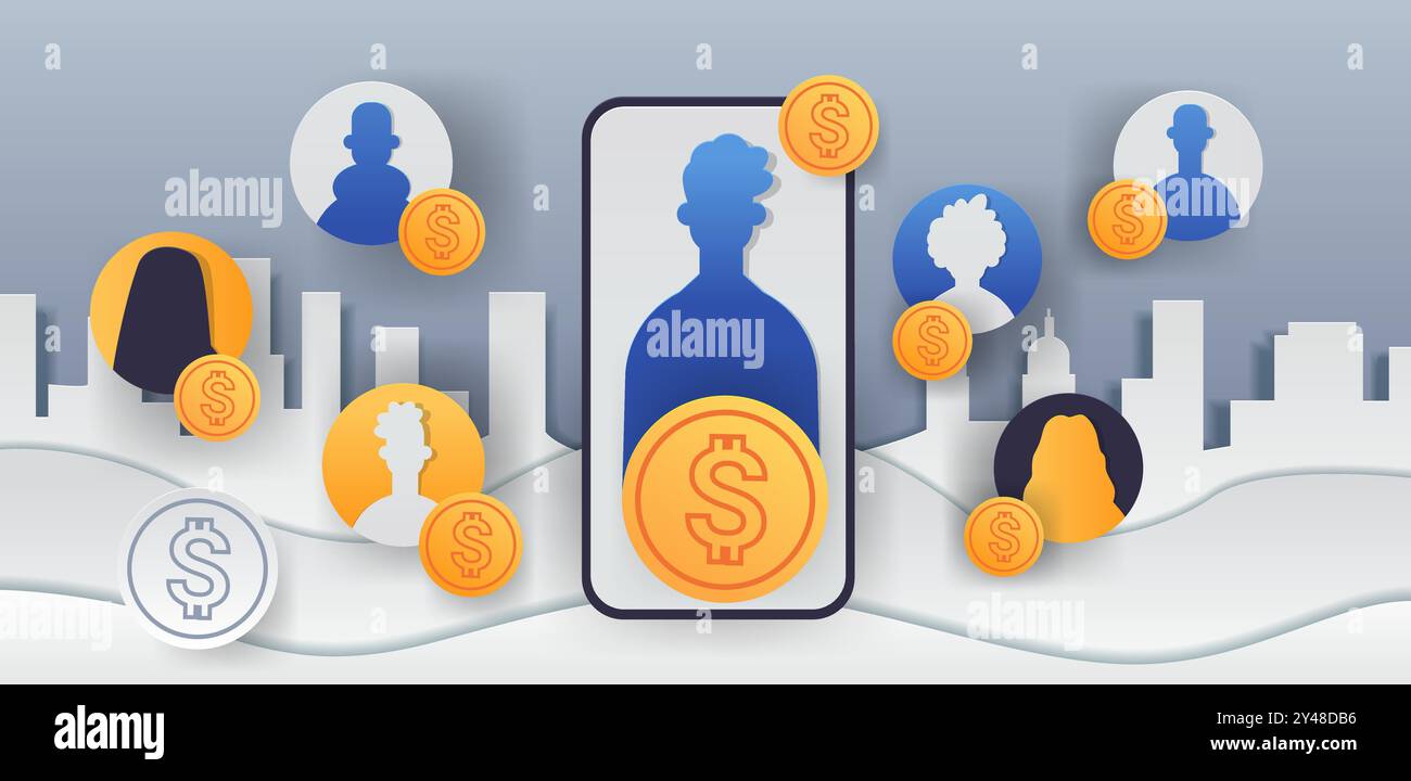 Mobile payment concept with diverse silhouettes and coins digital ...