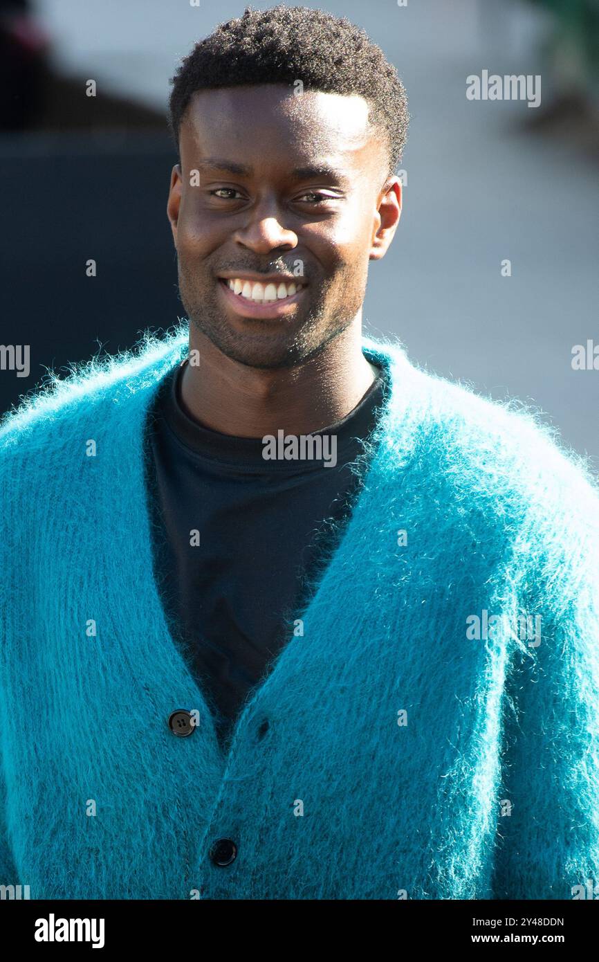 London, UK. 16 Sep, 2024. Pictured: Footballer Marc Guéhi attends Burberry's SS25 runway show ...