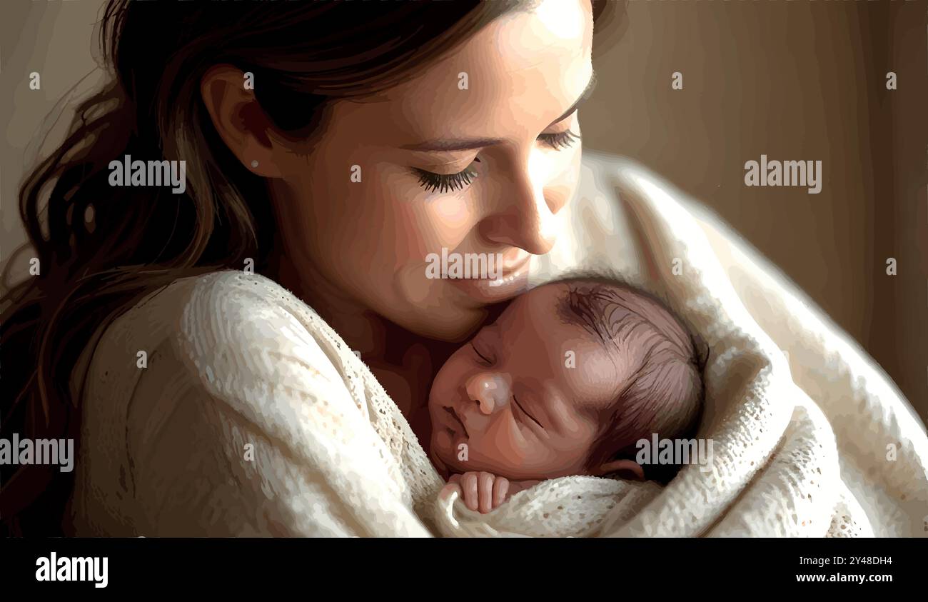 A new mother cradles her newborn in a softly lit room, her smile ...