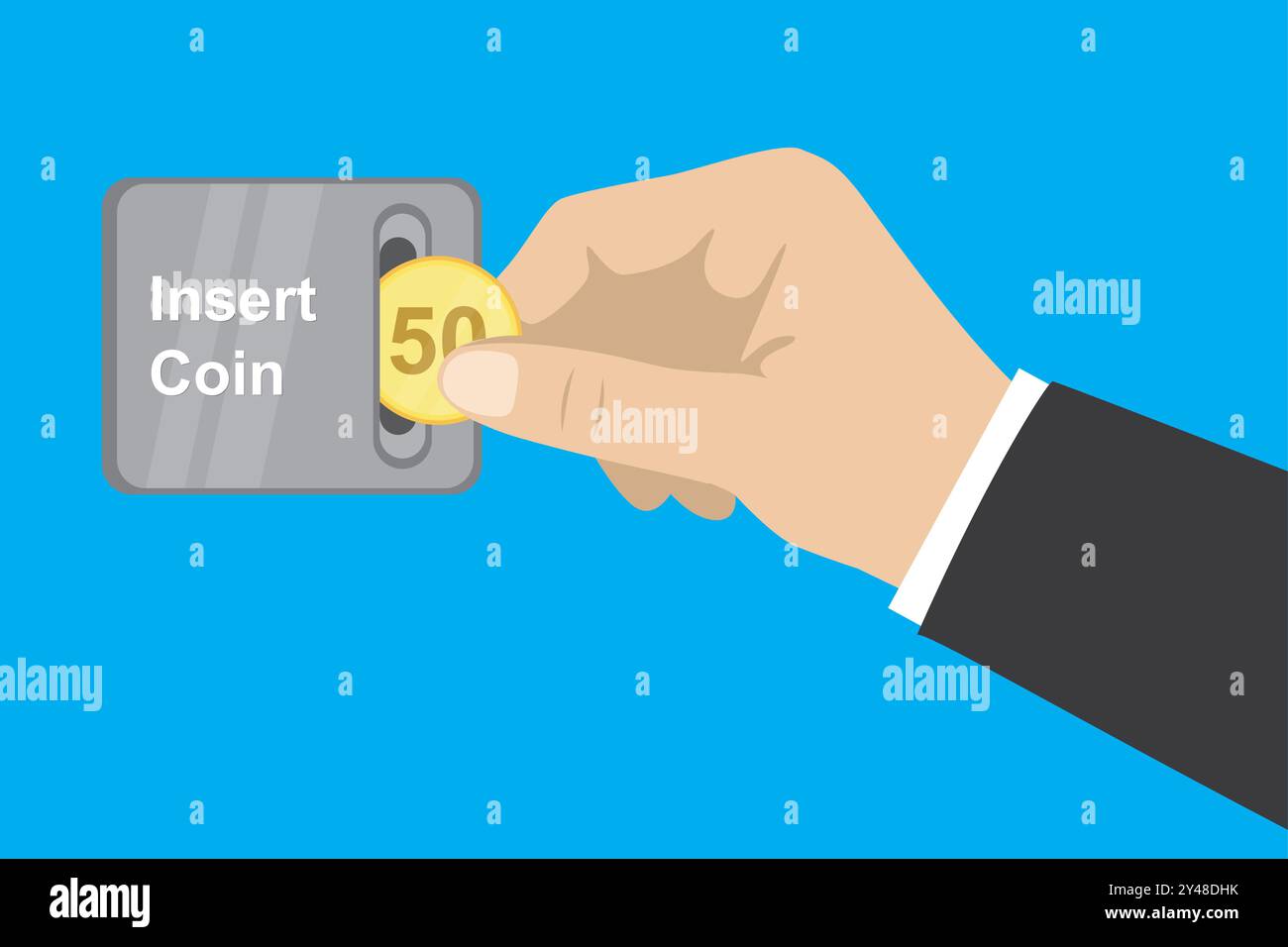 Cartoon hand inserting coin to slot on Vending Machine. Money and body ...